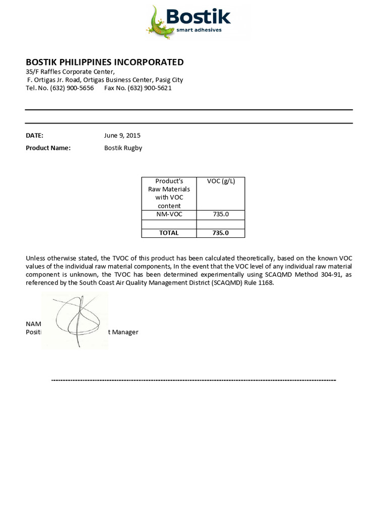 Bostik Rugby VOC Data Certification | PDF