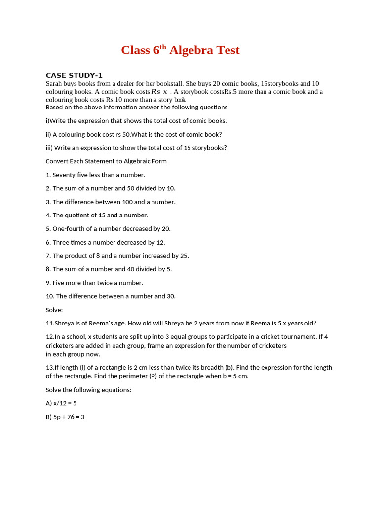 Class 6th Algebra Test | PDF