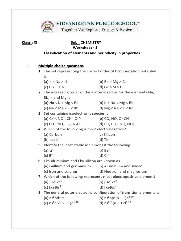 Periodic Classification Worksheet XI | PDF | Materials | Applied And Interdisciplinary Physics