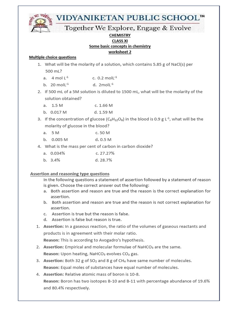 Somebasicconceptsinchemistry-Worksheet2 55855 | PDF | Mole (Unit) | Concentration