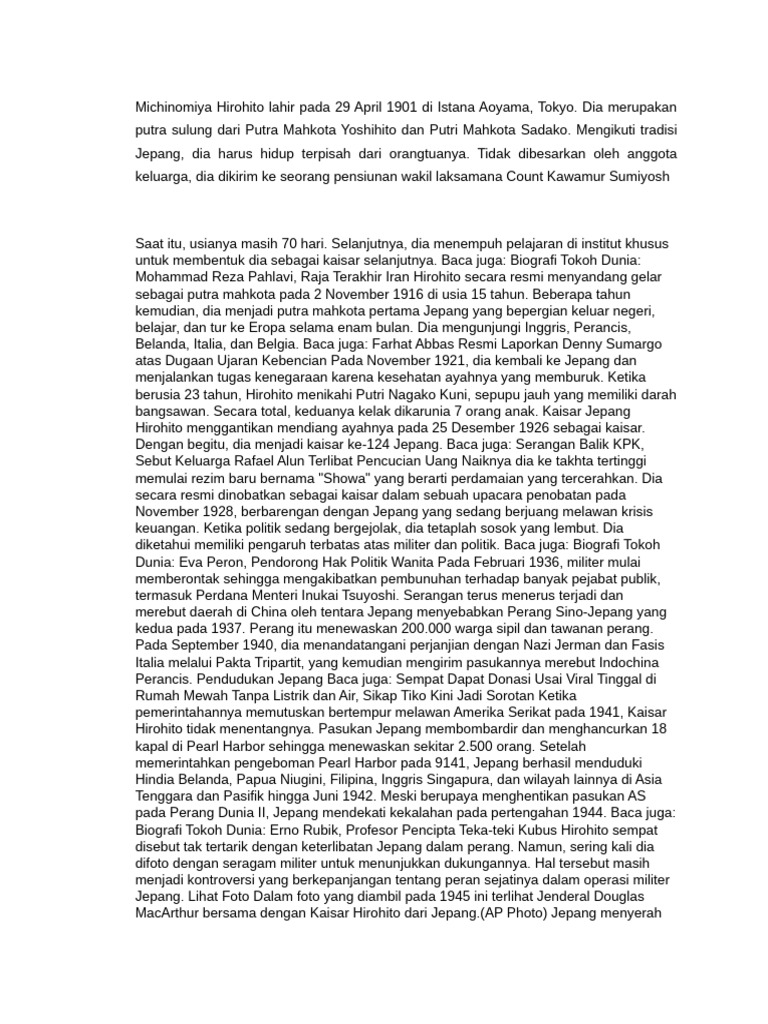 Biografi Hirohito: Kaisar Jepang | PDF | Politik | Perjalanan