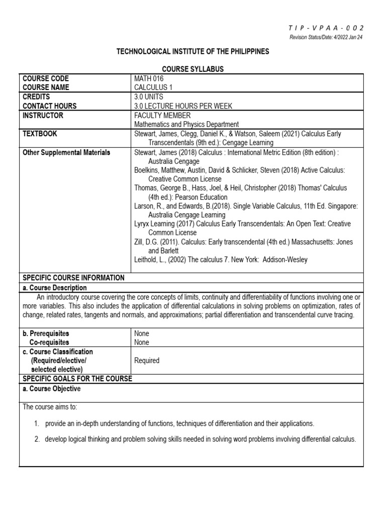 MATH 016 SYLLABUS (Effective SY '23-'24) | PDF | Function (Mathematics ...