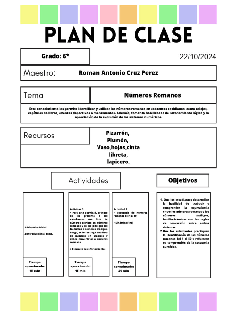 Plan de Clase Escolar Llamativo Colorido PDF | PDF