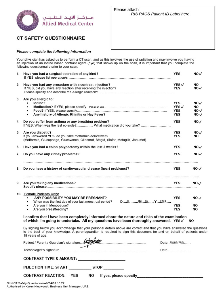 (CLN) CT Safety Questionnaire - V04 - 01.10.22 | PDF | Allergy ...
