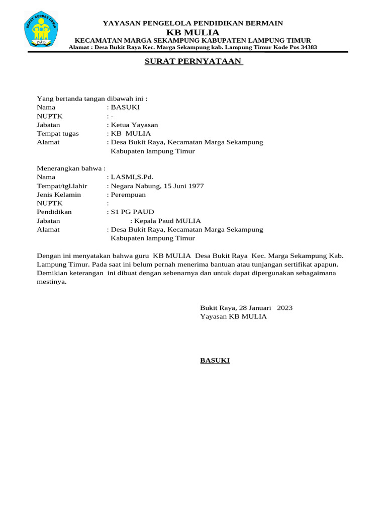 Surat Pernyataan Guru KB MULIA Lampung | PDF