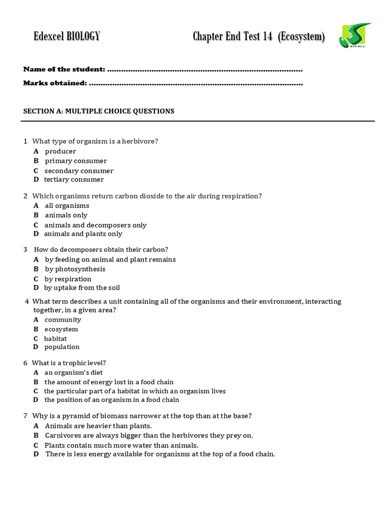 Edexcel Biology Chapter End Test Ecosystem 2024 | PDF | Food Web | Foods