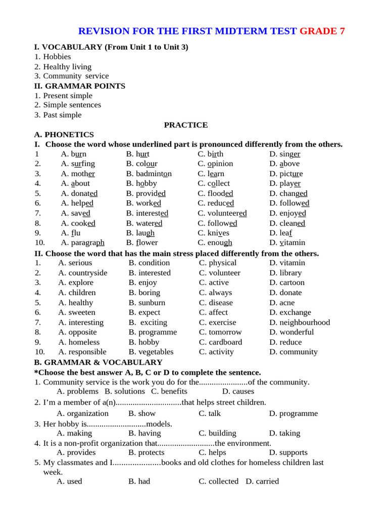 Grade 7 Midterm Revision: Vocabulary & Grammar | PDF | Hobbies