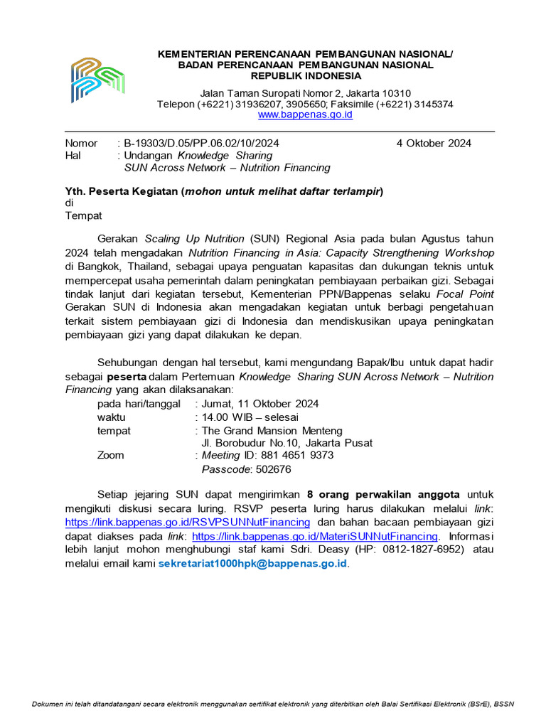 B-19303-D.5 Undangan Knowledge Sharing SUN Across Network - Nutrition Financing - 11 Oktober ...