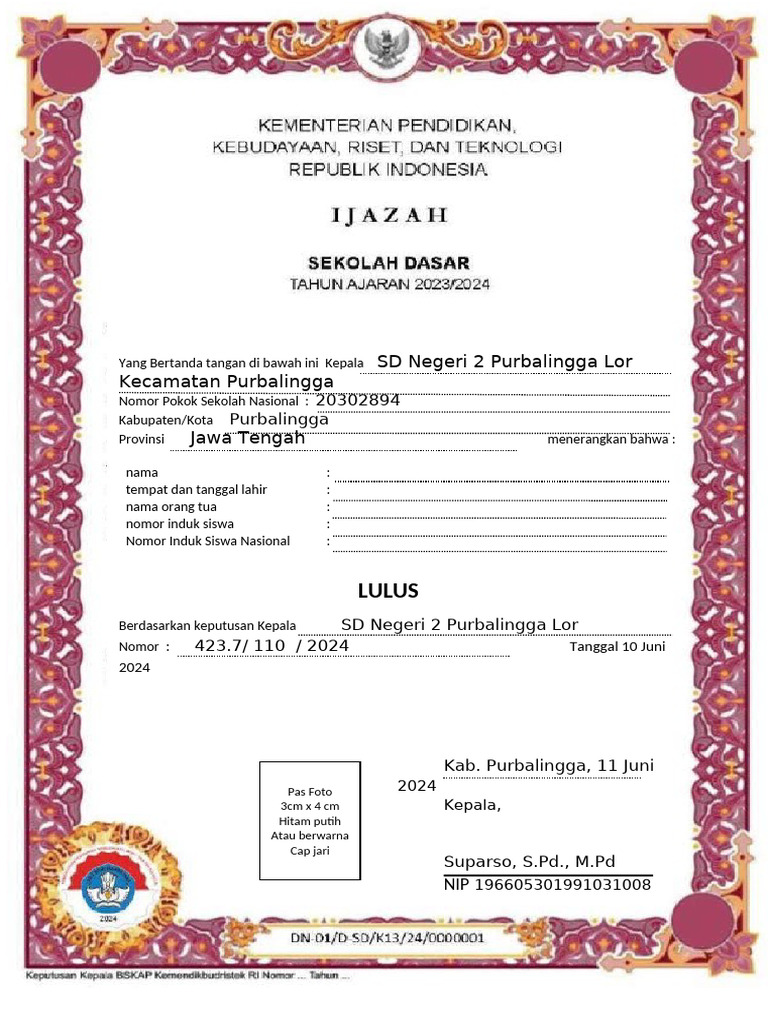 Ijazah Paket B 2024 SD Negeri 2 Purbalingga | PDF