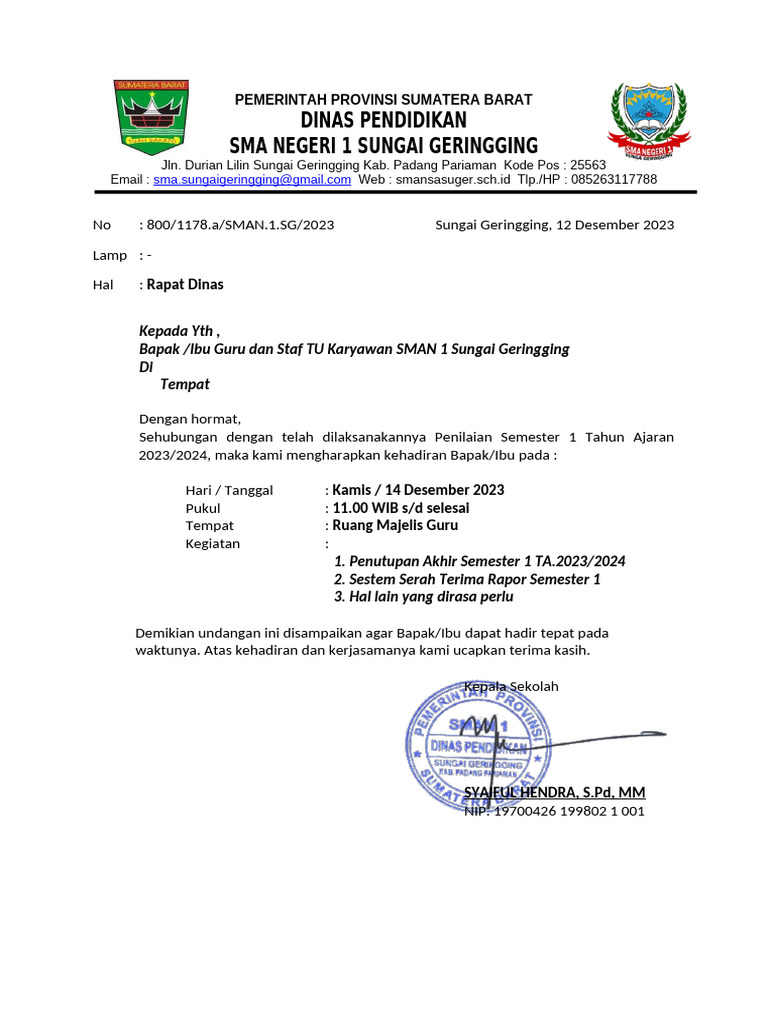 Undangan Rapat Dinas Akhir Semester 1 Ta 2023-2024 | PDF | Karier & Perkembangan