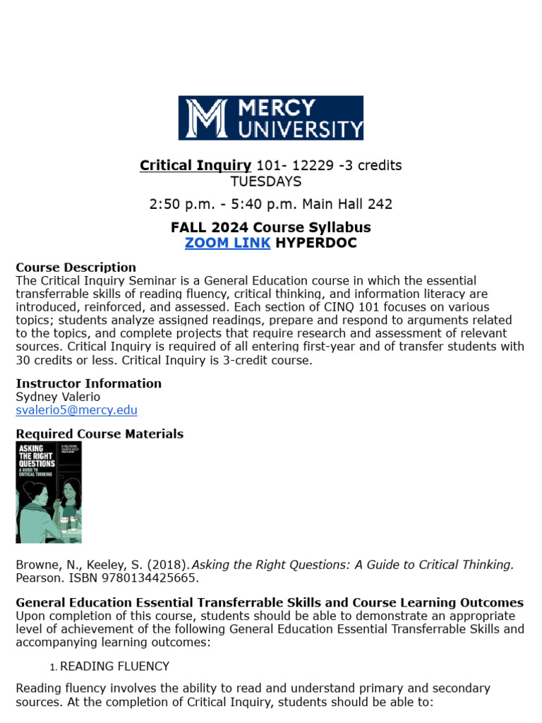 Critical Inquiry 101 DF6 Syllabus Valerio FALL 2024 (2-50 P.M. - 5-40 P ...