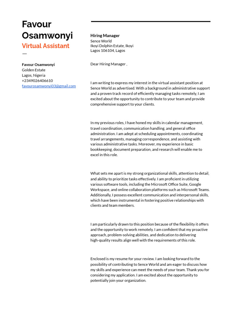 Virtual Assistant Cover Letter | PDF | Computing | Business