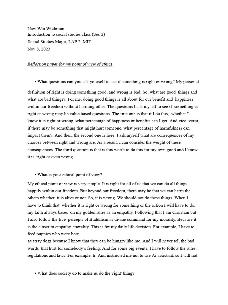 Reflection Paper For My Point of View of Ethics | PDF | Morality ...