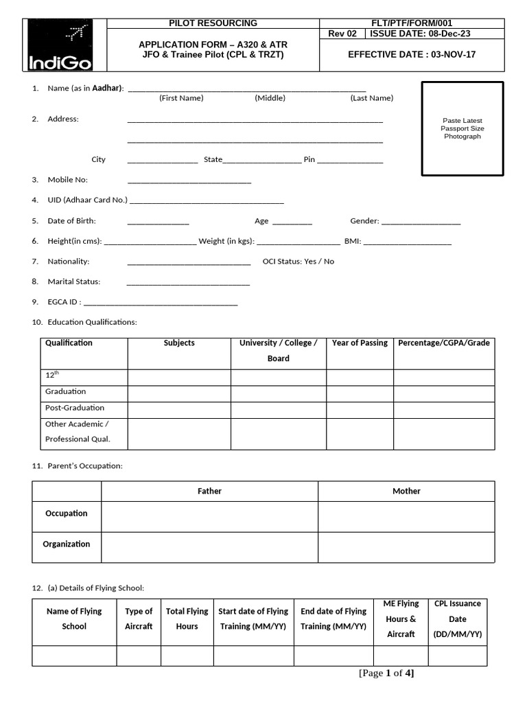 CPL & TRZT A320 & ATR Application Form - 08-Dec-23 | PDF | Aviation