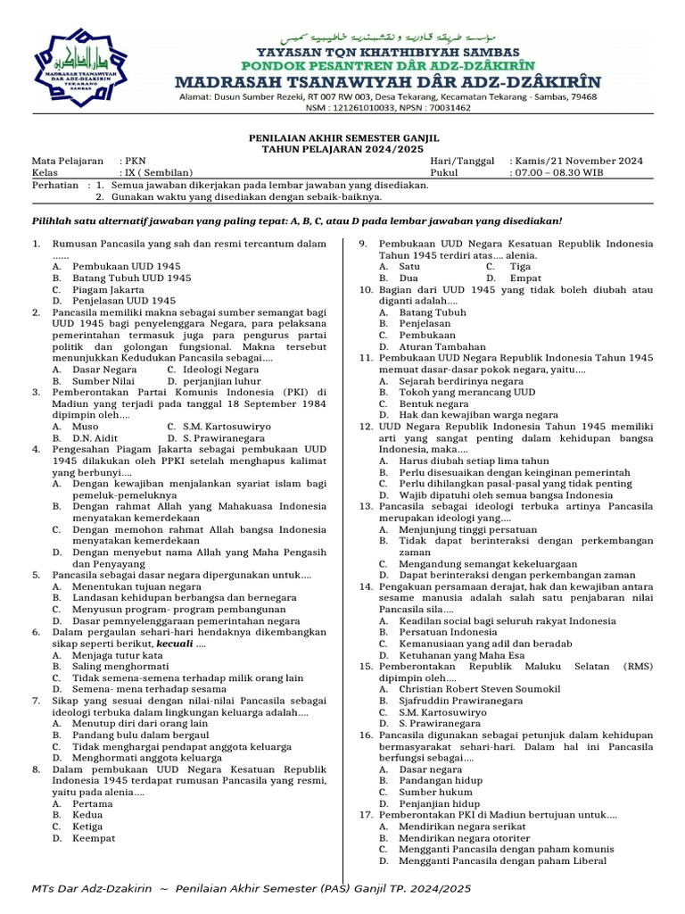 Soal Pas PKN Kelas 9 | PDF