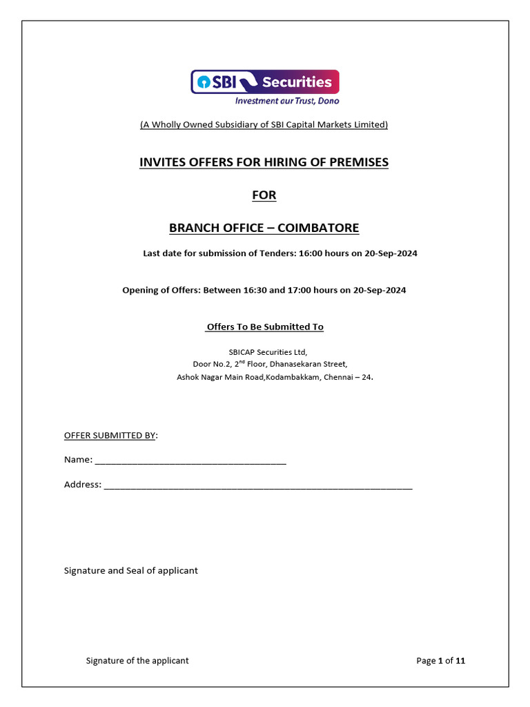 Tender Process SBICAP Securities Limited - Retail Broking Office at ...