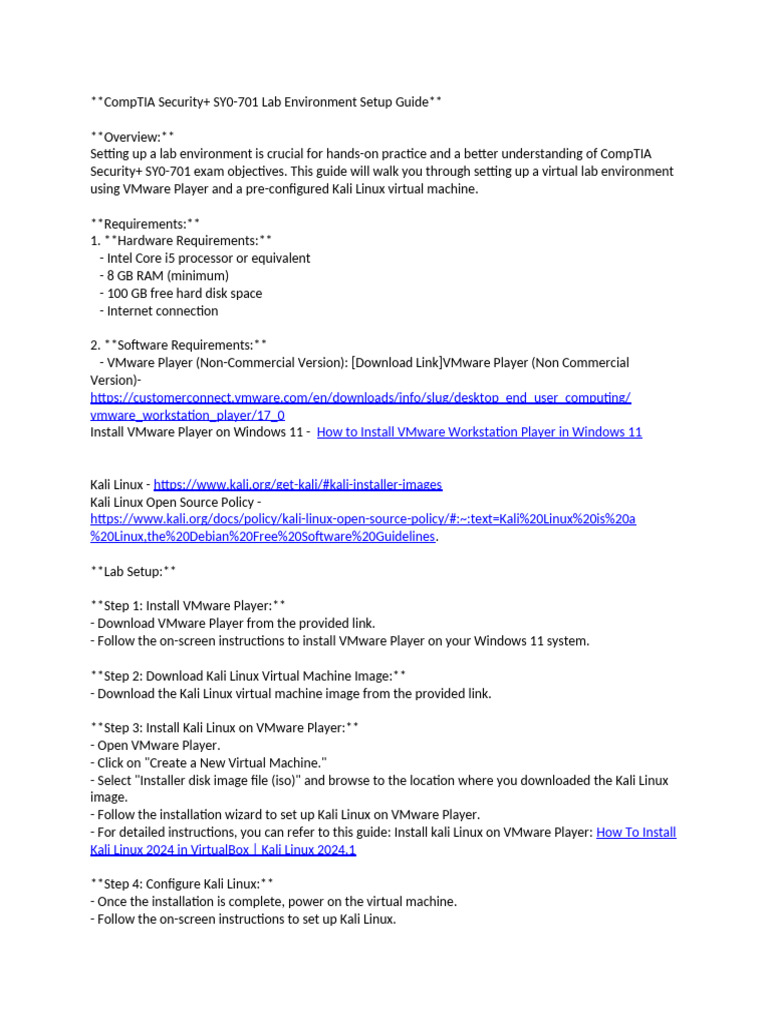CompTIA Security+ SY0-701 Lab Environment Setup Guide | PDF