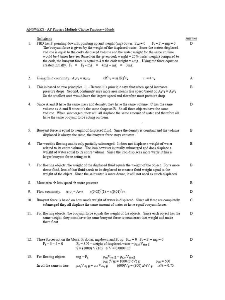 AP Physics Fluids Solutions | PDF | Buoyancy | Pressure