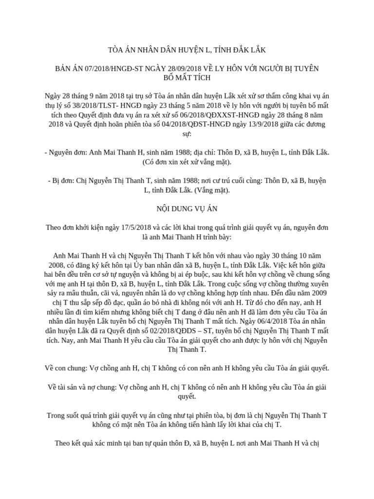 BẢN ÁN LY HÔN NGƯỜI MẤT TÍCH HNGD | PDF