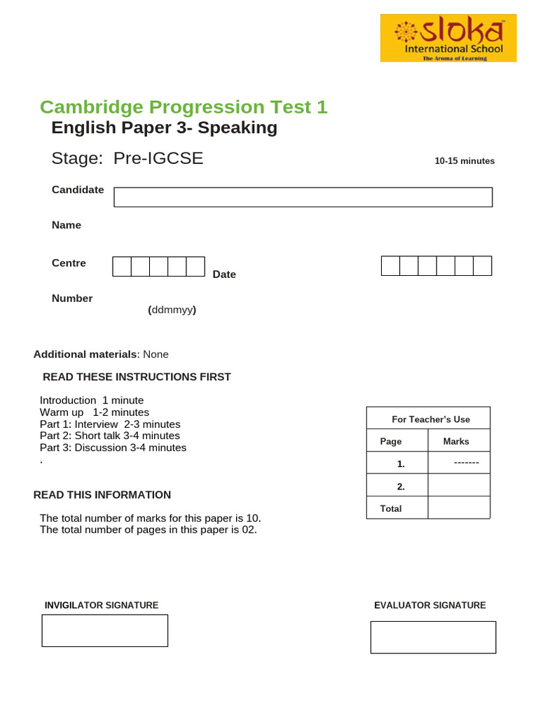 Stage PI Paper 3 - Speaking | PDF | Communication | Vocabulary