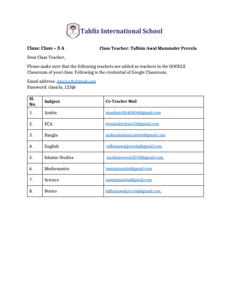 Class 3A (Teacher's Email) | PDF