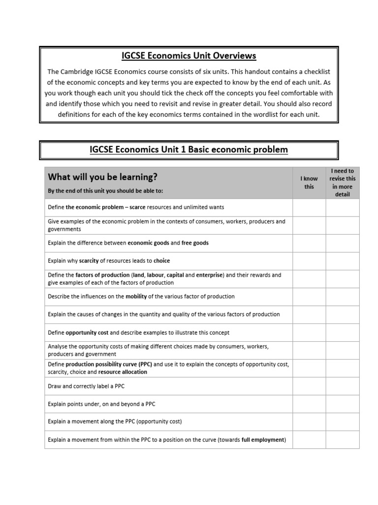 IGCSE Economics Unit 1 Overview | PDF | Economics | Opportunity Cost