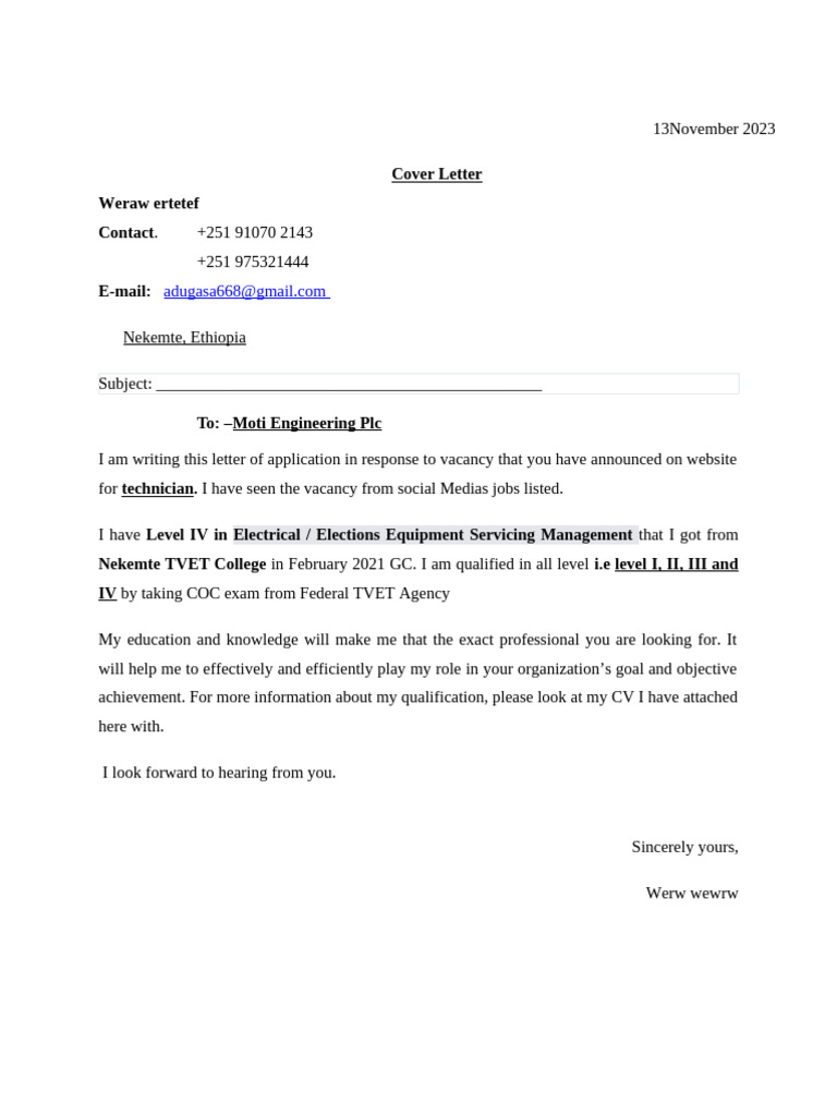 Electrical Technician Job Application | PDF