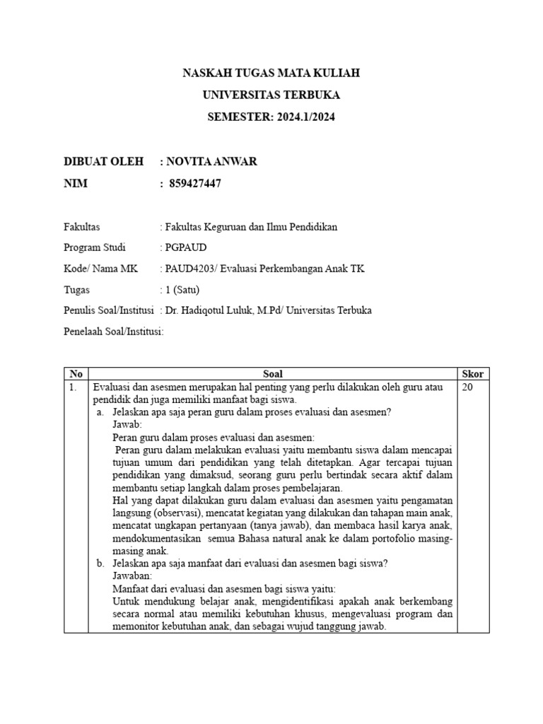 NASKAH TUGAS MATA KULIAH Evaluasi Perkembangan Anak TK | PDF