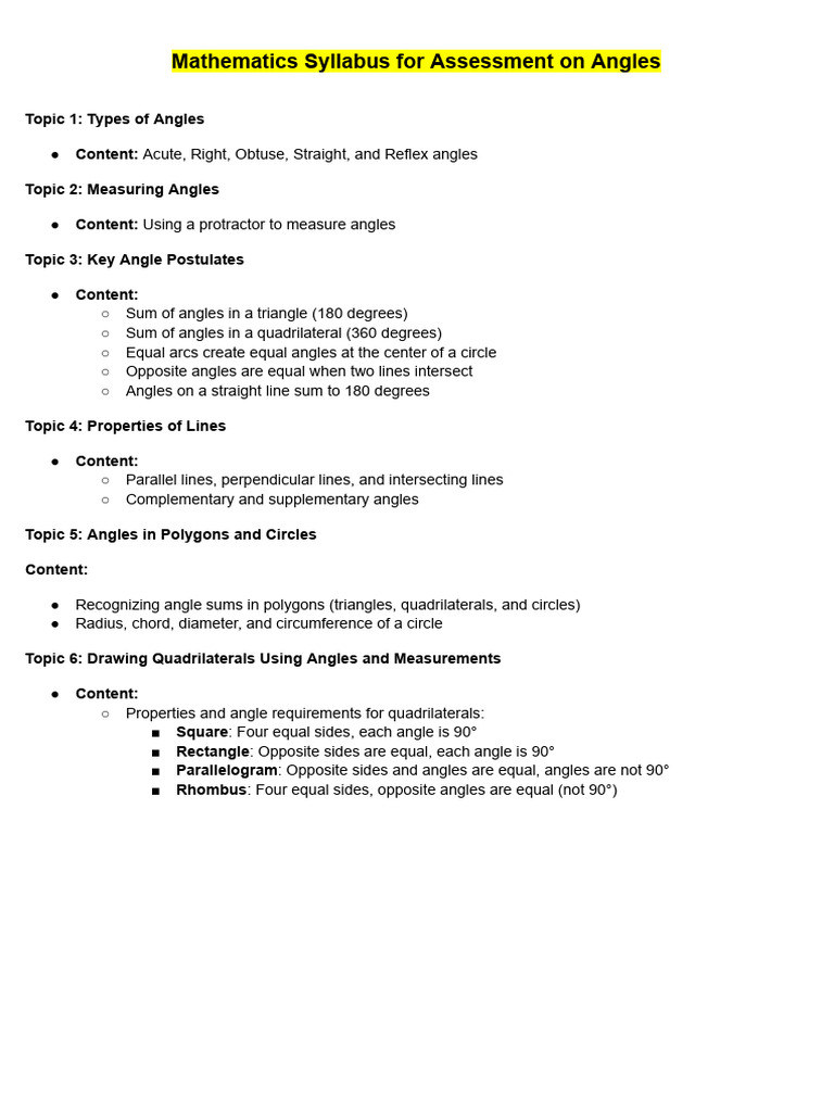 Mathematics Syllabus: Angles and Lines | PDF