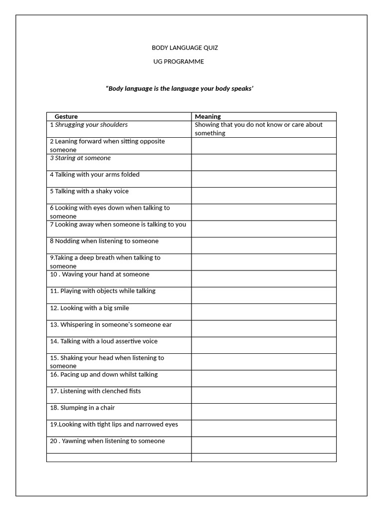 Body Langauge Quiz - UG-1 | PDF | Language Arts & Discipline