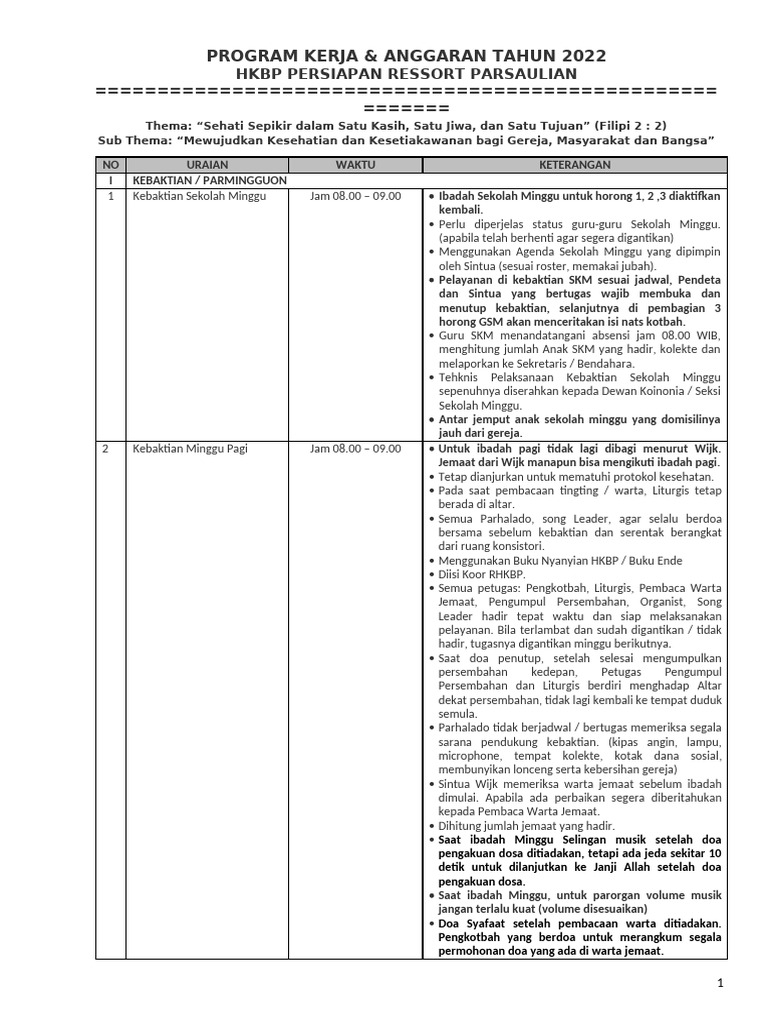Program Kerja HKBP Parsaulian 2022 | PDF