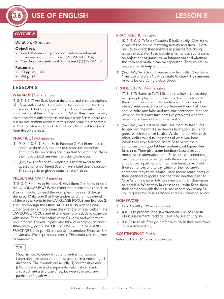 Focus3 2E LessonPlans U03 Lesson8 UseofEnglish | PDF | Verb | English Language