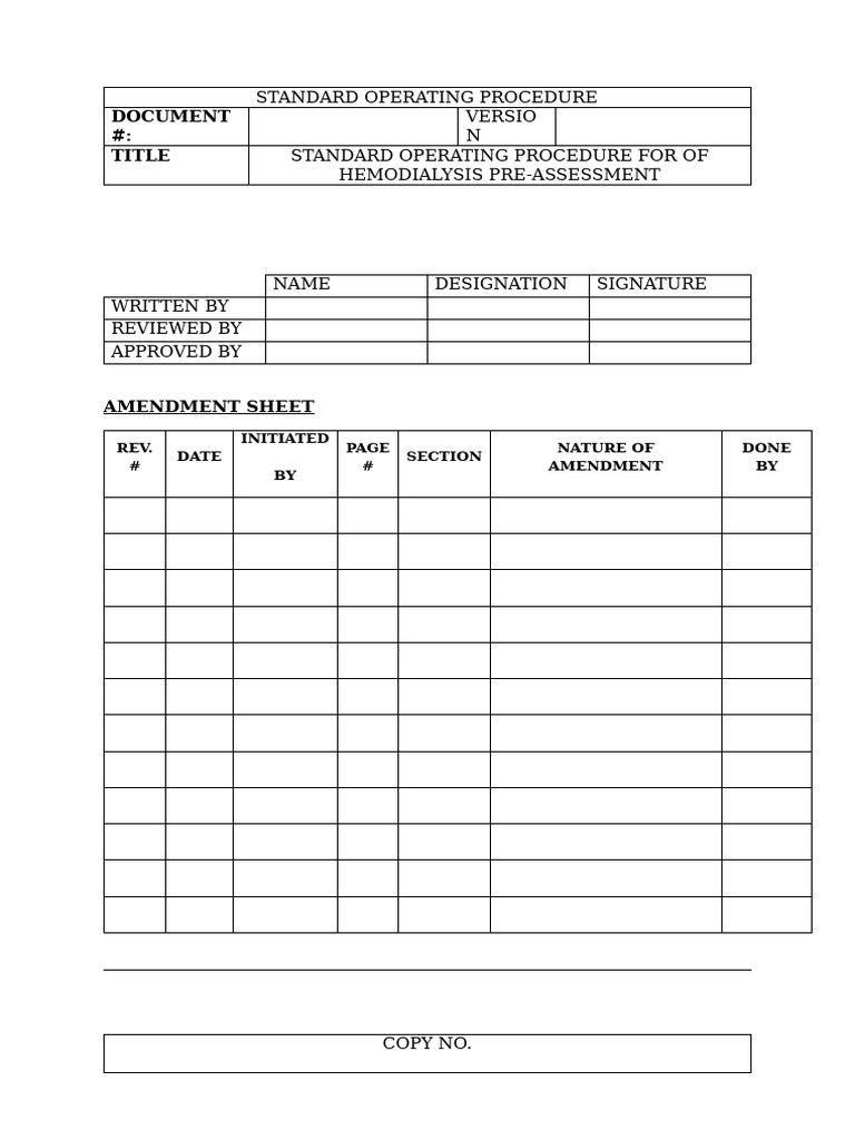 Hemodialysis Pre-Assessment SOP | PDF | Hemodialysis | Patient