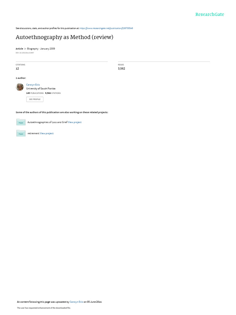 Autoethnography As Method (Review) : Biography January 2009 | PDF | Ethnography | Liberal Arts ...