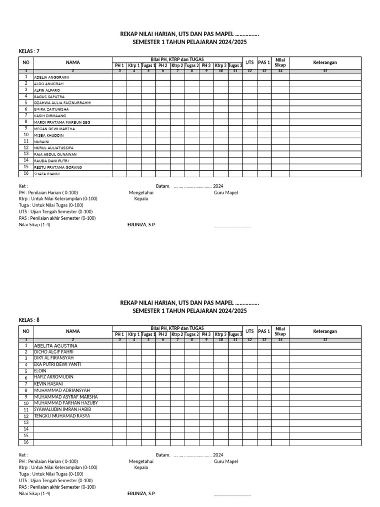 Form Rekap Nilai | PDF