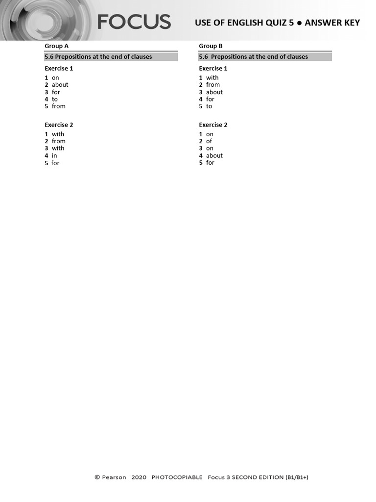 Focus3 2E UoE Quiz Unit5 GroupA B ANSWE | PDF