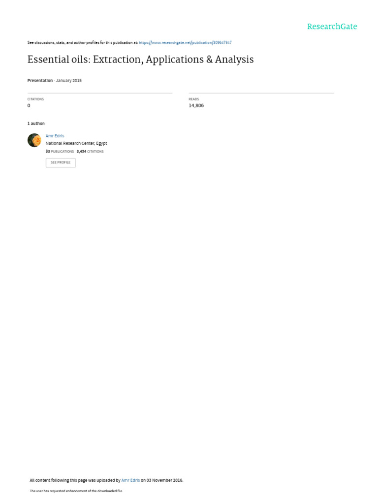 Essential Oils Extraction Applications Analysis | PDF | Essential Oil | Ethanol