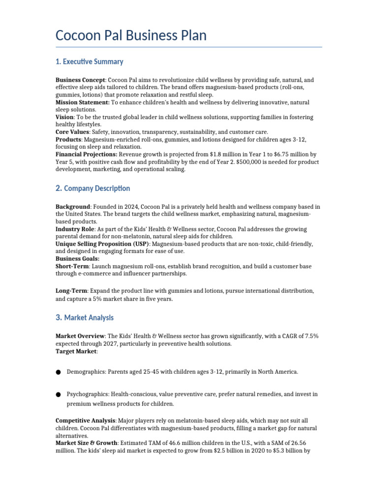 Cocoon Pal Business Plan2 Docx | PDF | E Commerce | Marketing