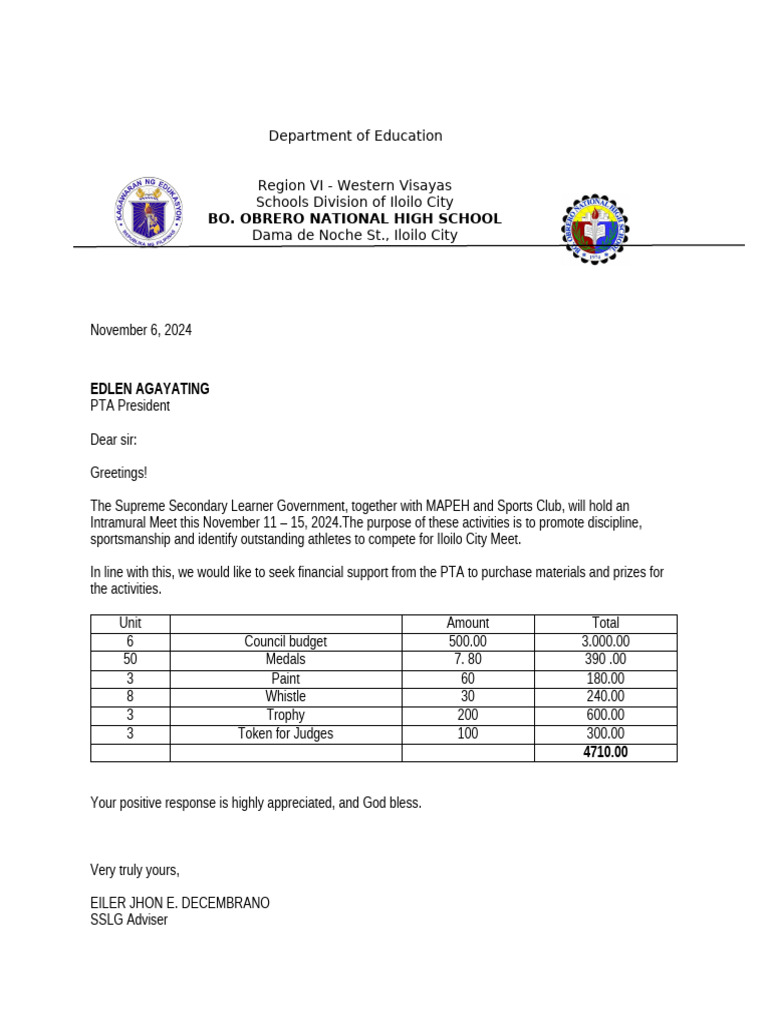 Letter For PTA | PDF