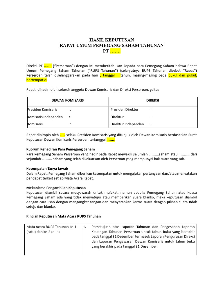 Hasil RUPS Tahunan PT … | PDF