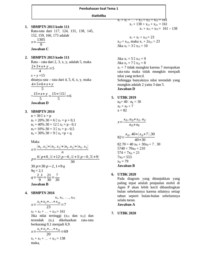 Pembahasan Soal Tema 1 Statistika | PDF