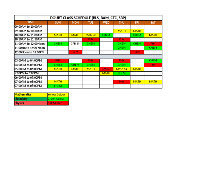 Doubt Class Schedule (BLS, Bam, CTC, SBP) | PDF