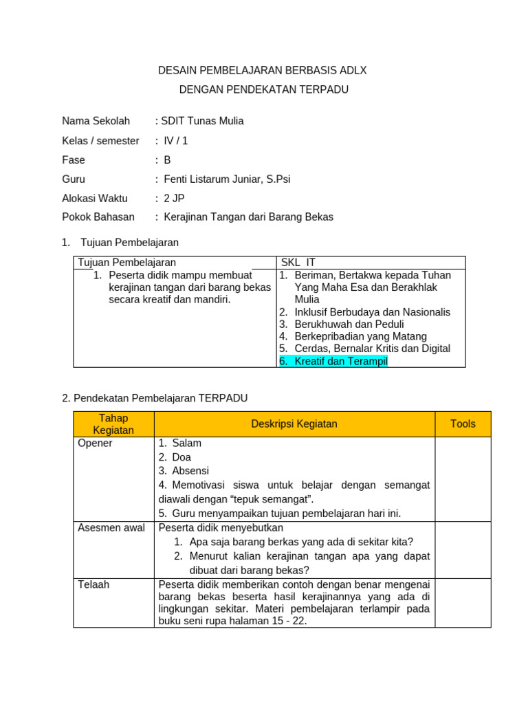 RPP TERPADU Seni Rupa KLS 4 - FENTI | PDF | Karier & Perkembangan