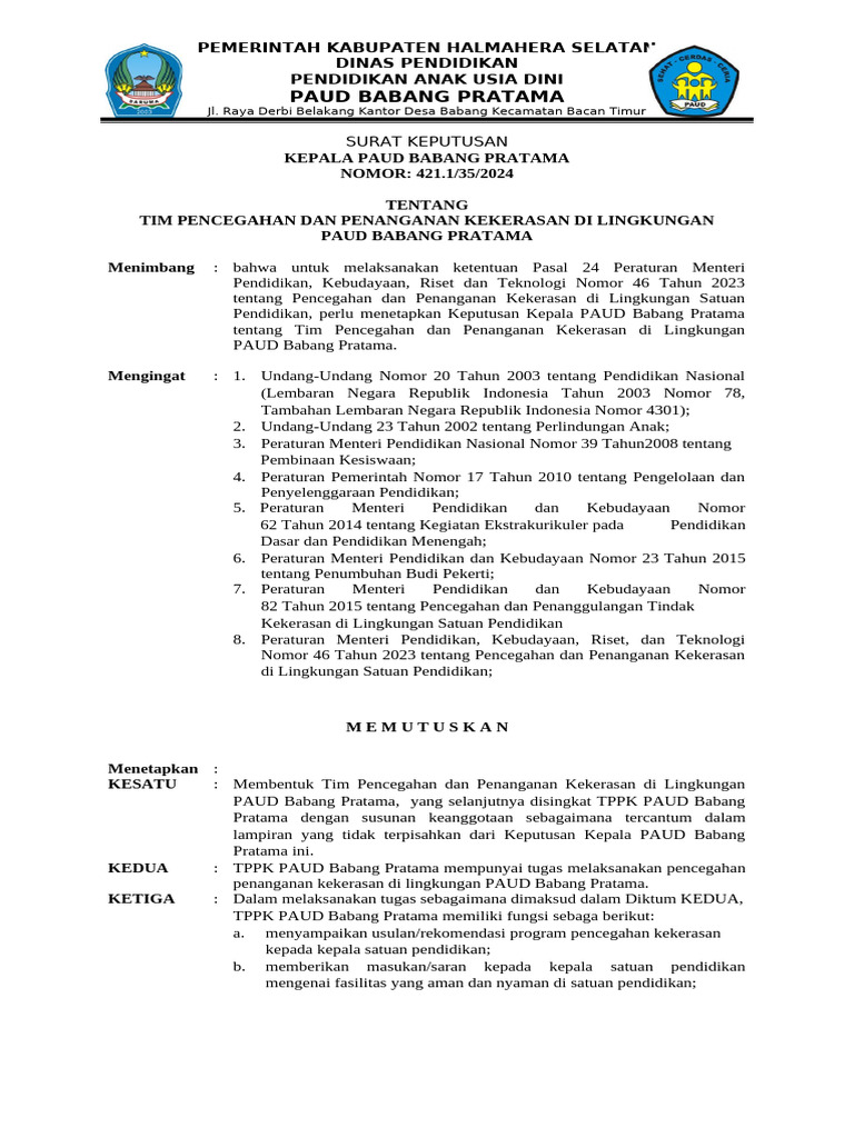 SK TPPK Paud Babang Pratama Word 2024 | PDF