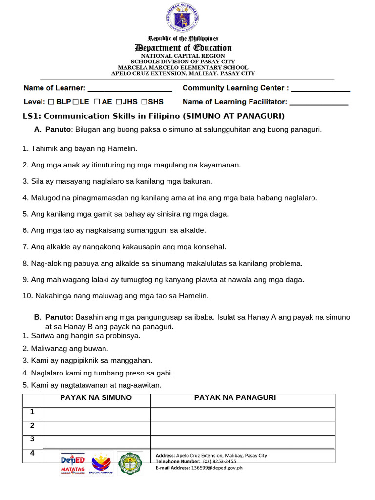 Simuno at Panaguri Worksheet | PDF