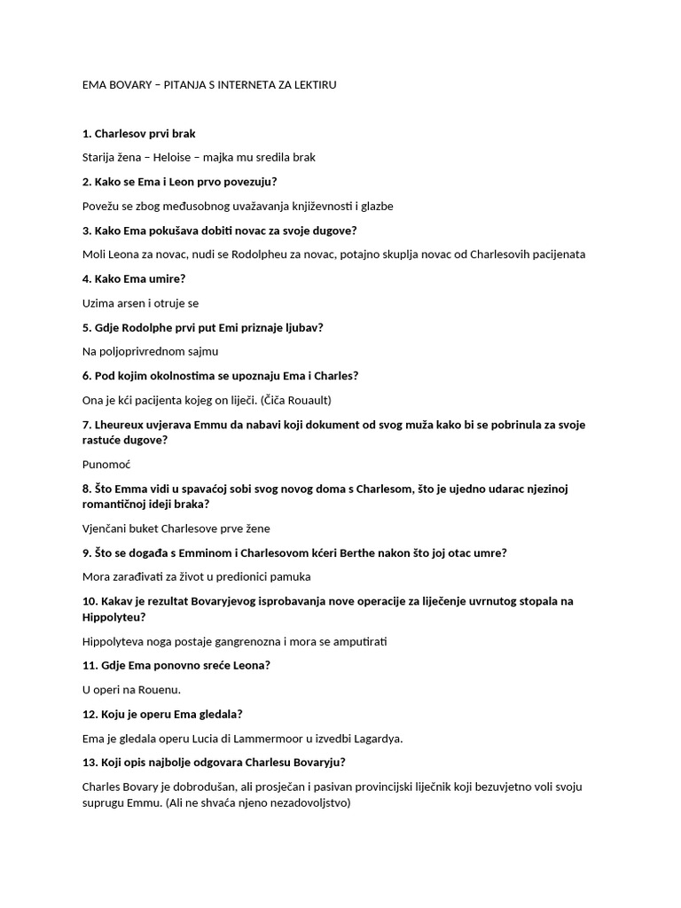 Bovary Pitanja I Odgovori | PDF