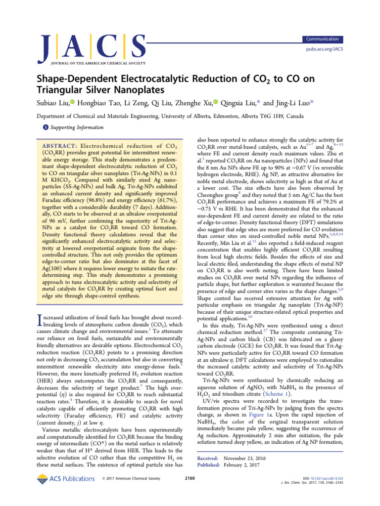 Liu Et Al 2017 Shape Dependent Electrocatalytic Reduction of Co2 To Co ...