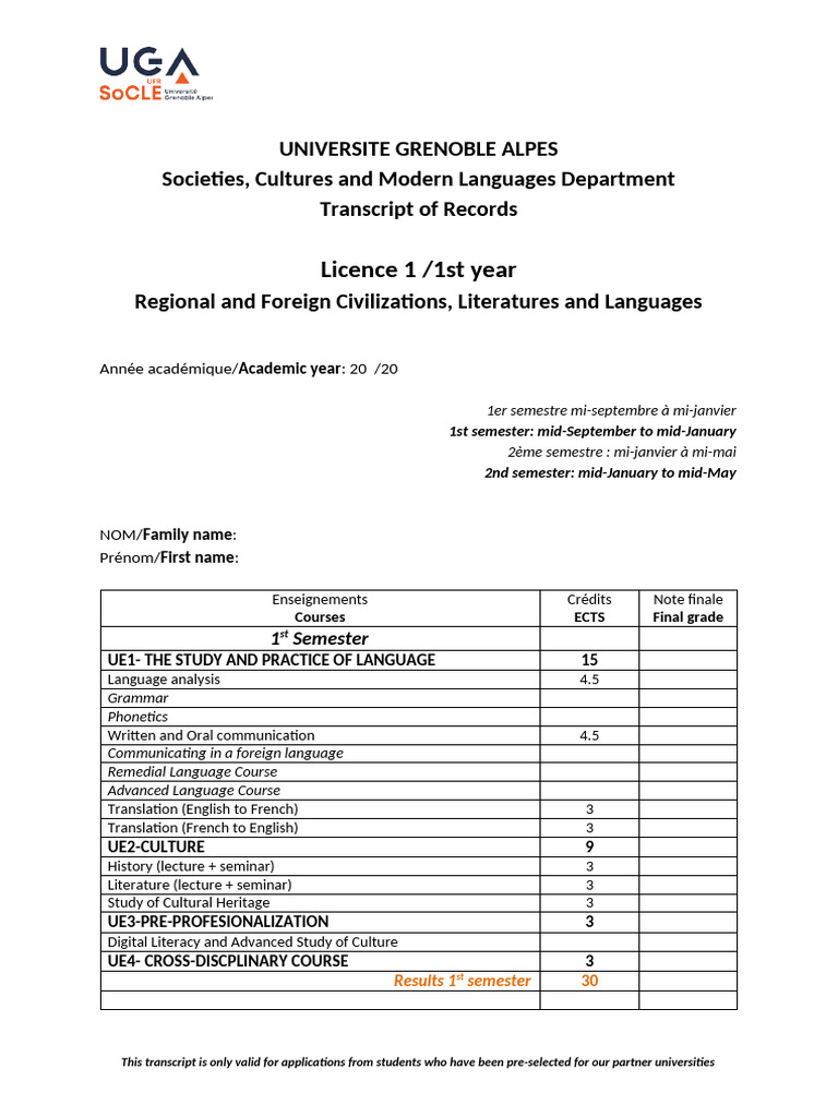 Model Academic TOR LLCER Anglais - EN | PDF | Course Credit | Human ...
