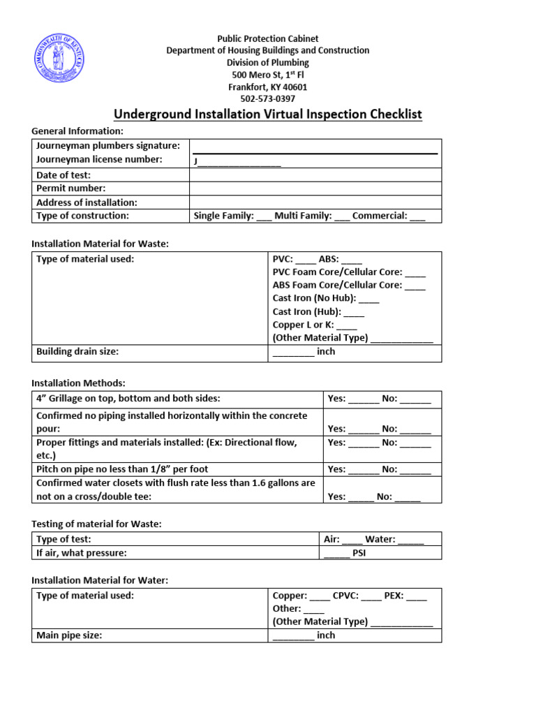 Underground Installation Virtual Inspection Checklist | PDF | Plumbing ...