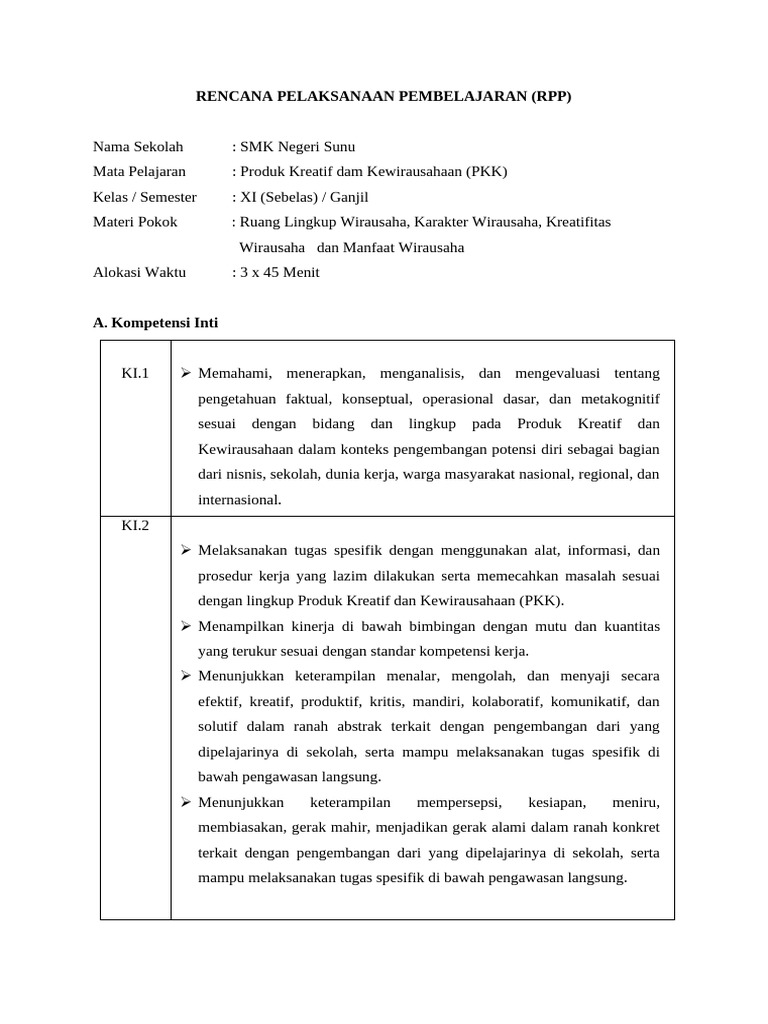 RPP PKK Kelas XI SMK Sunu | PDF | Seni | Pengembangan Diri